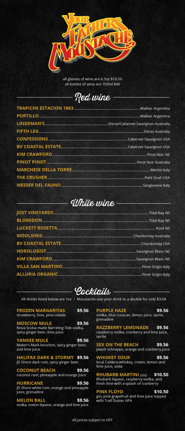 Your Father's Moustache Food - Main Menu | Brunch | Drinks and Desserts